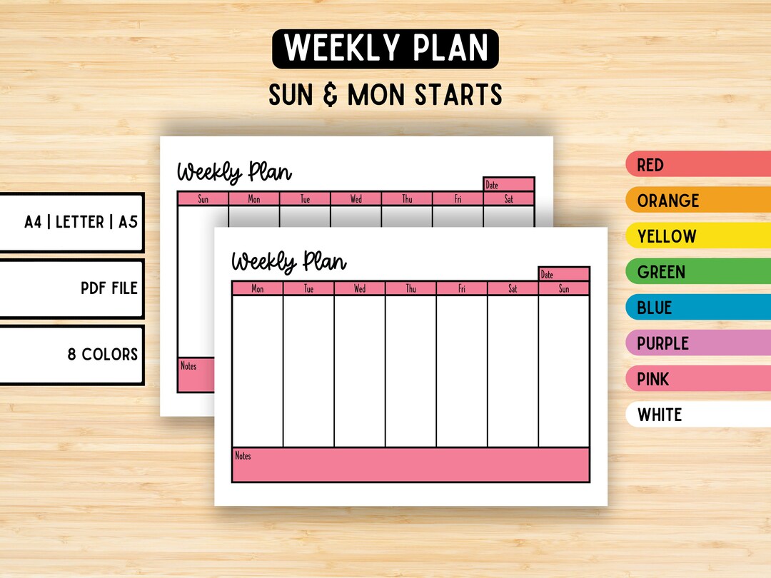 Weekly Planner Printable Landscape, Rainbow Weekly Schedule, Week at a ...