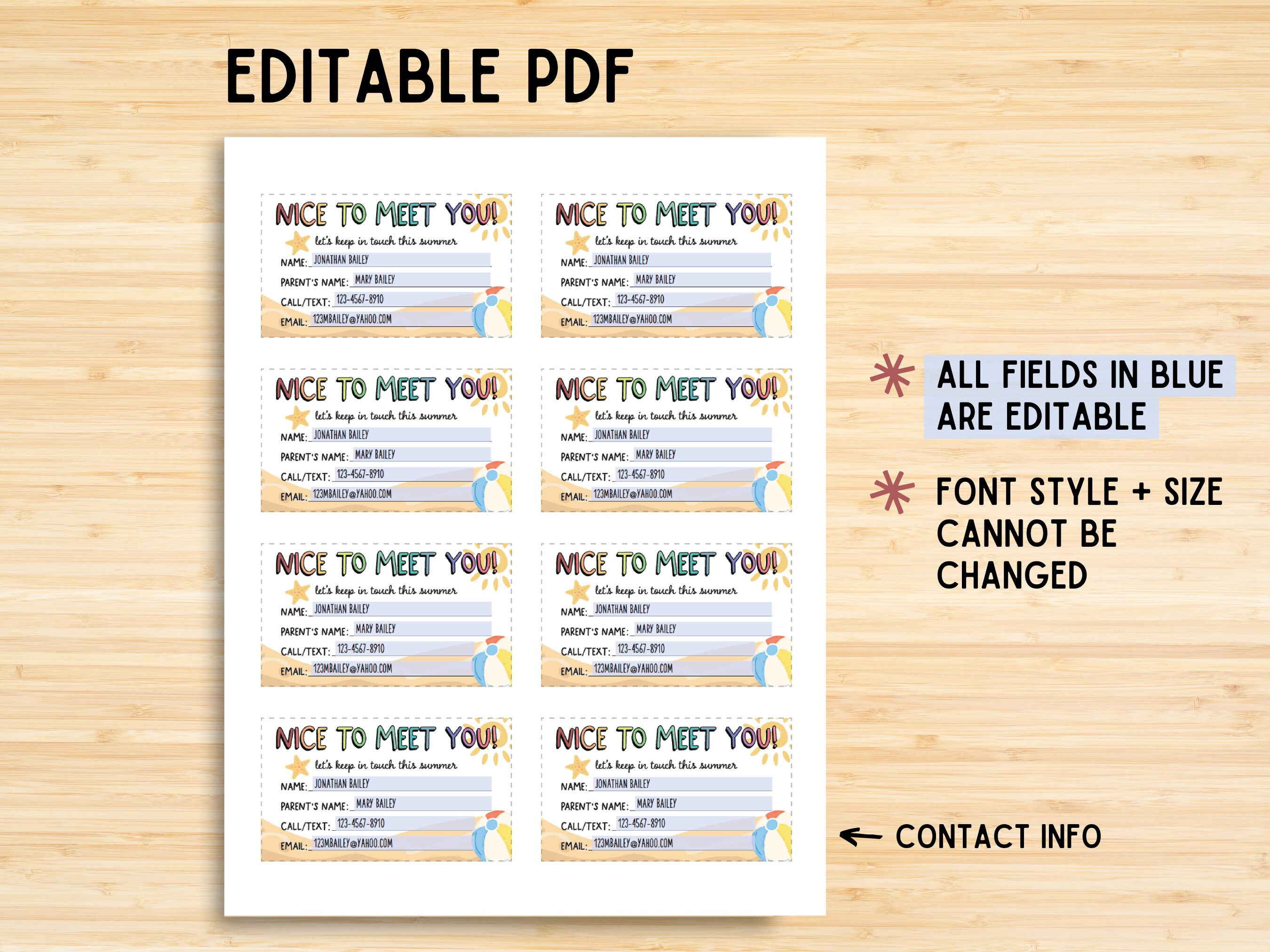 Printable Summer Contact Card, Editable, End of School Cards for Kids ...