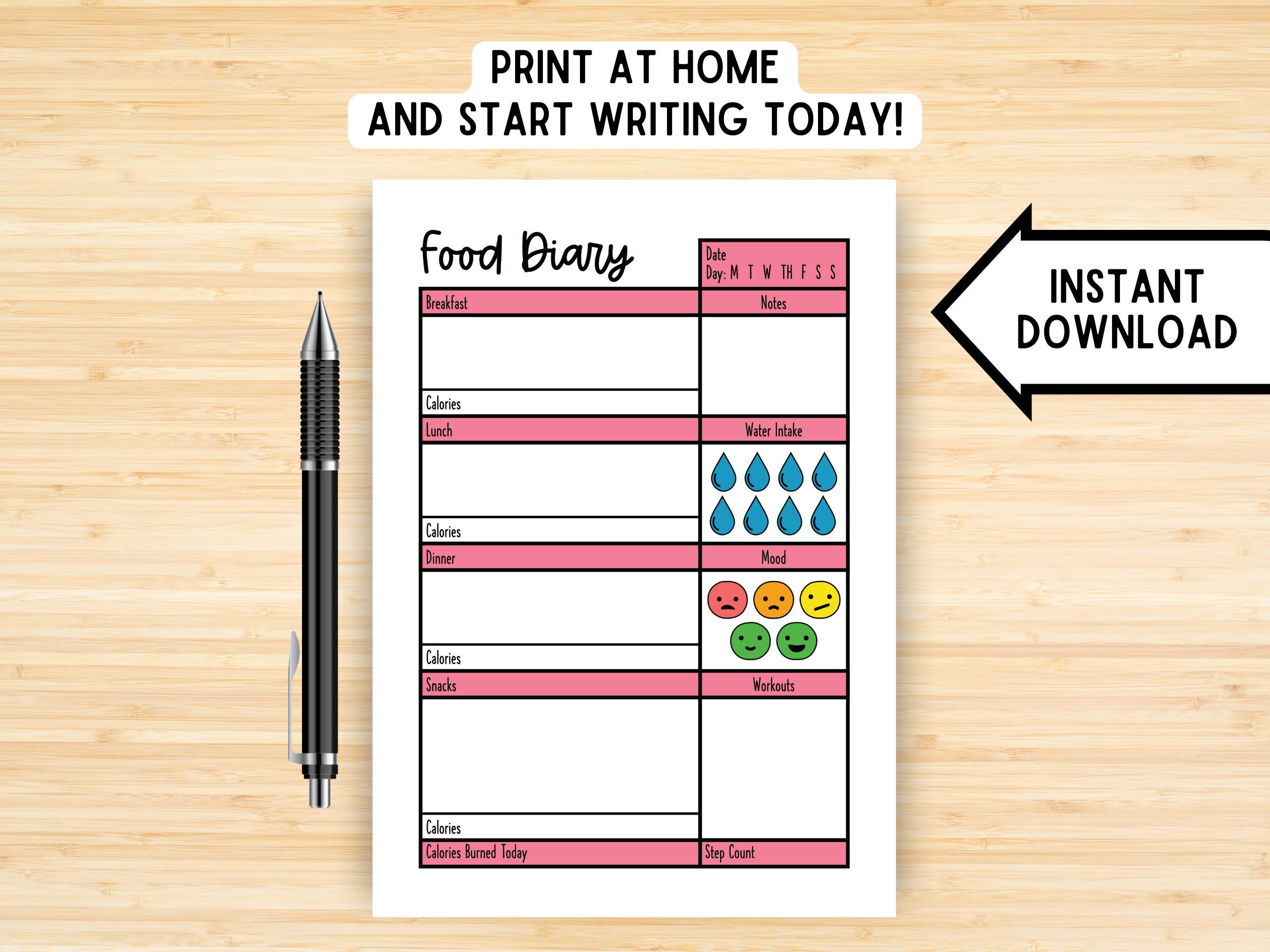 Daily Food Diary Printable, Daily Calorie Tracker, Daily Food Journal ...