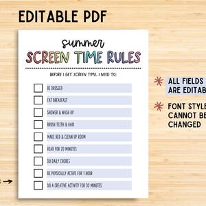 Screen Time Checklist Summer, Editable, Printable, Screen Time Chore ...