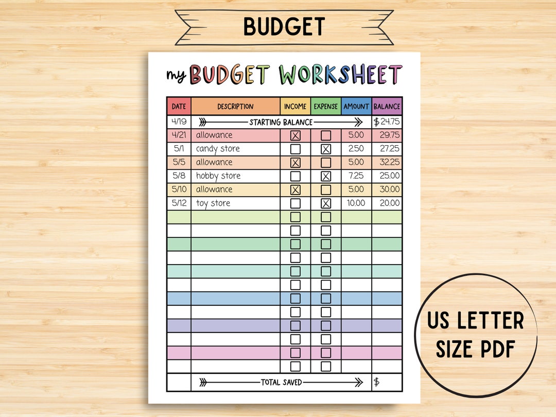 Kids Budgeting Worksheet, Savings Goal Worksheet, Kid Allowance Tracker ...