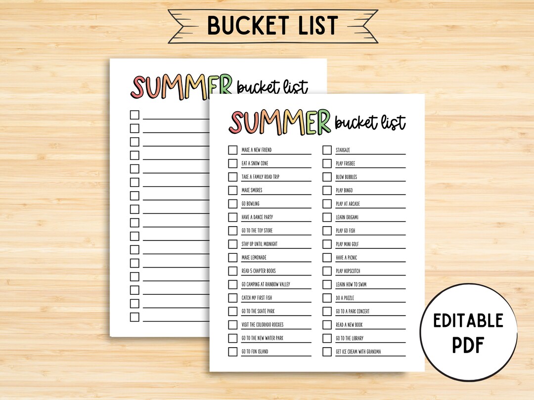 Summer Bucket List Printable, Editable Checklist for Kids Poster, Fun ...