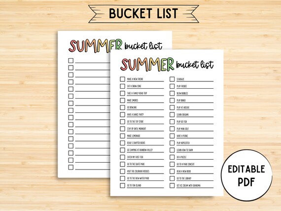 Summer Bucket List Printable Editable Checklist for Kids - Etsy