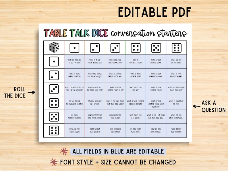 Table Talk Dice, Roll and Tell Game, Dice Breaker, Editable ...