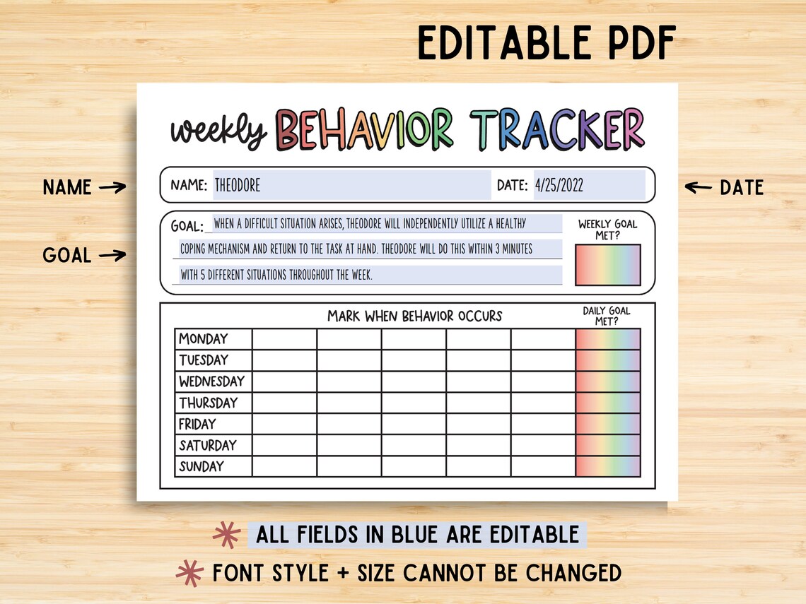 Printable Editable Weekly Behavior Tracker and Behavior - Etsy