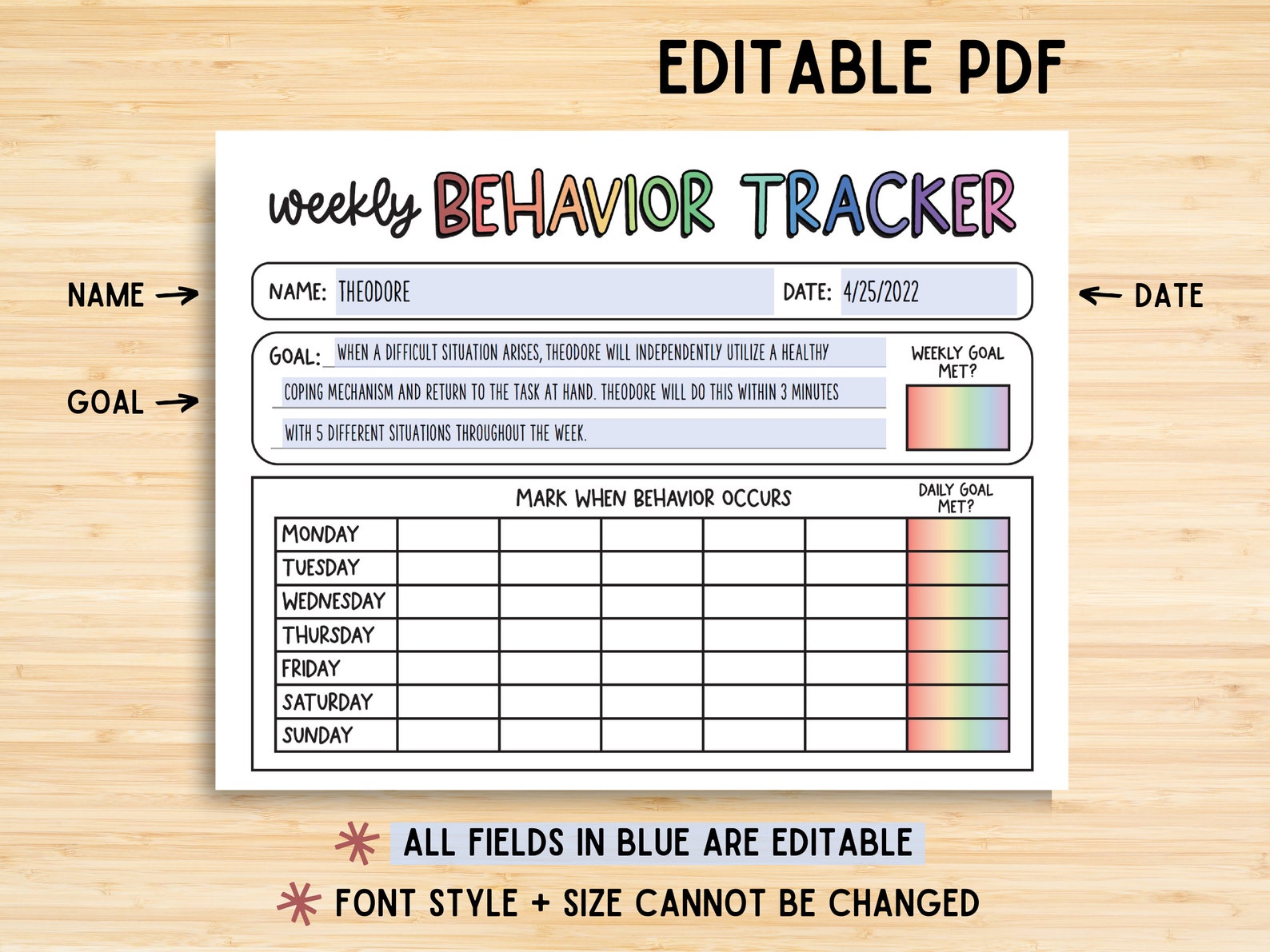 Printable Editable Weekly Behavior Tracker and Behavior Contract, Life ...