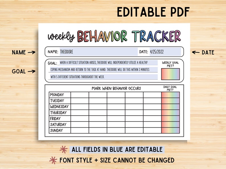Printable Editable Weekly Behavior Tracker and Behavior - Etsy