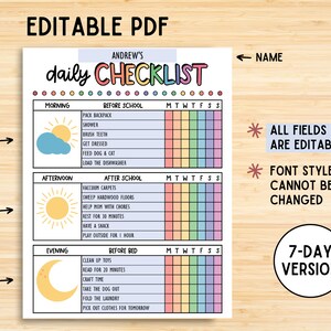 Editable Daily Checklist for Kids, Printable, Kids Responsibility Chart ...