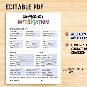 Emergency Contact Info Sheet, Contact Information for Nanny, Babysitter ...