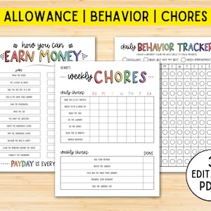 Editable Kids Chore Chart, Allowance Chart, Behavior Chart, Reward ...