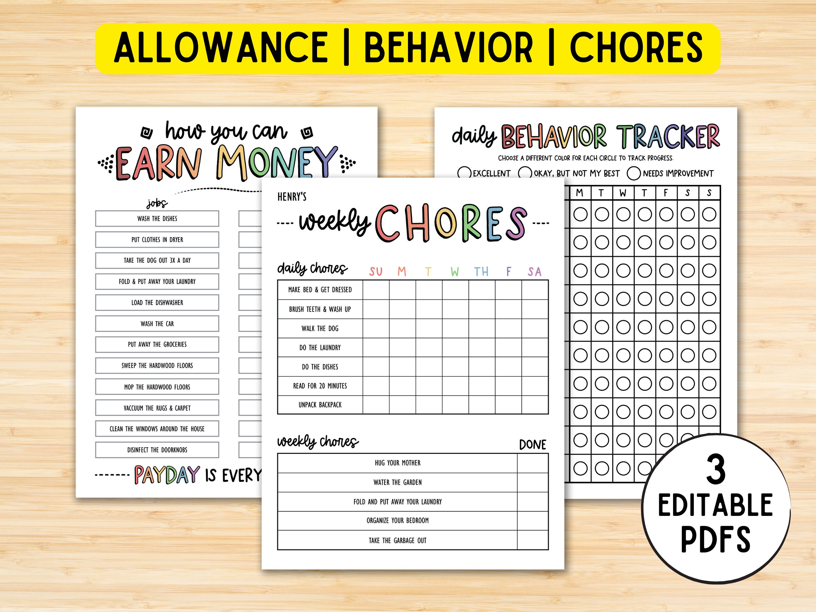 Editable Kids Chore Chart, Allowance Chart, Behavior Chart, Reward ...
