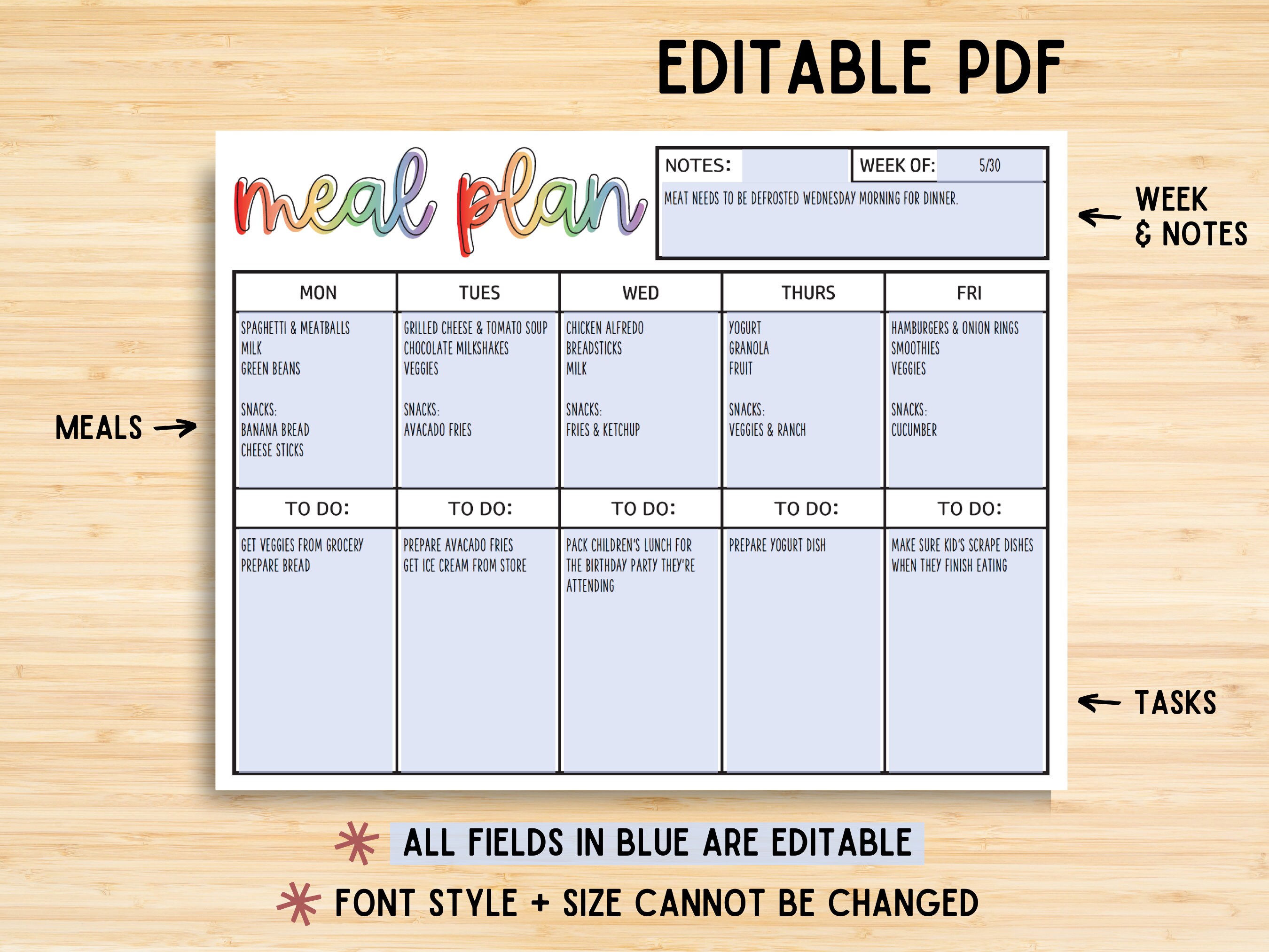 Editable Menu Planner, Printable Meal Planner, Grocery List and Notes ...