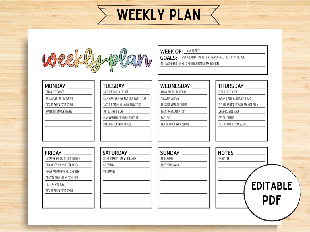 Weekly Planner, Simple Planner, Editable PDF, Fillable, 11 X 8.5 Inches ...