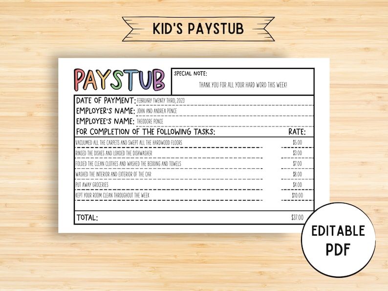 Editable Paystub for Kids, Printable Kids Payslip, Reward Payslip, Kids ...