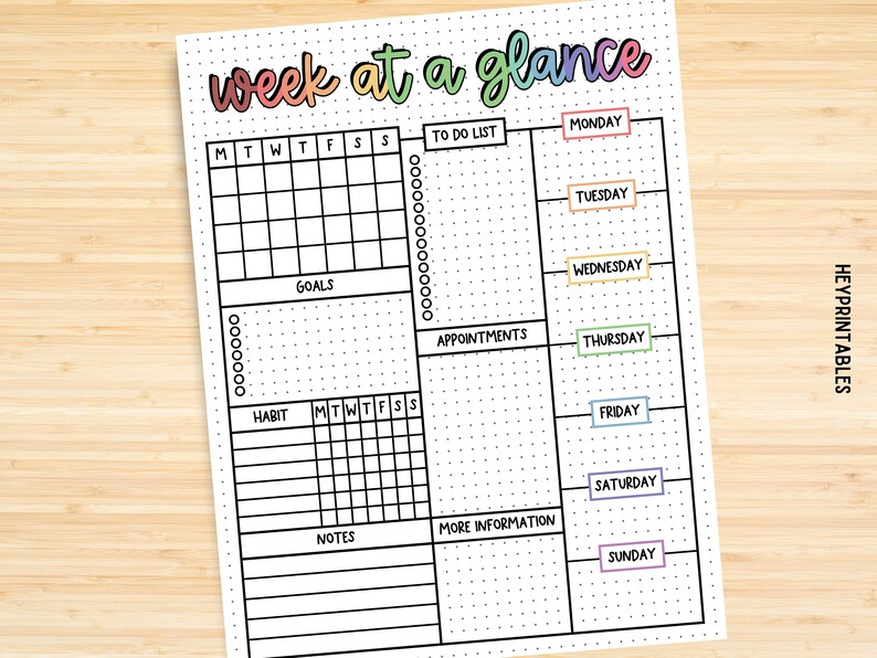Week at a Glance, Weekly Planner, Weekly Goals, Week Overview, Bullet ...