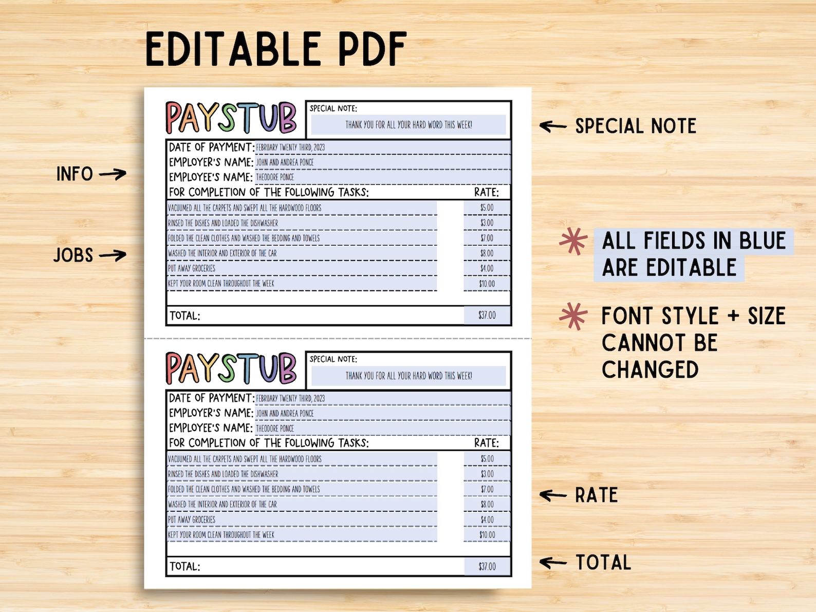 Editable Paystub for Kids, Printable Kids Payslip, Reward Payslip, Kids ...