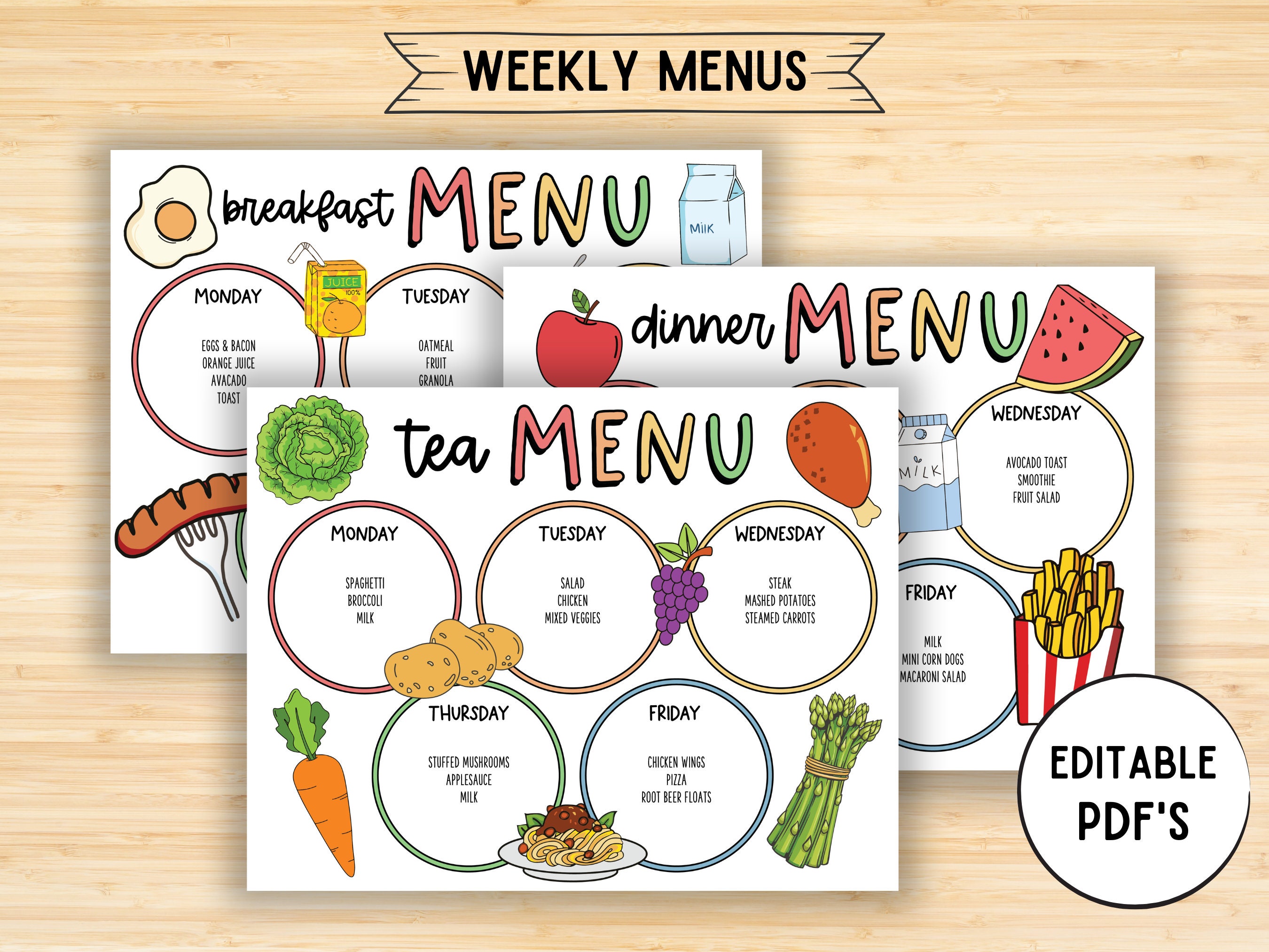 Editable Kids Breakfast, Dinner, Tea Planner, Meal Weekly Planner, Menu ...