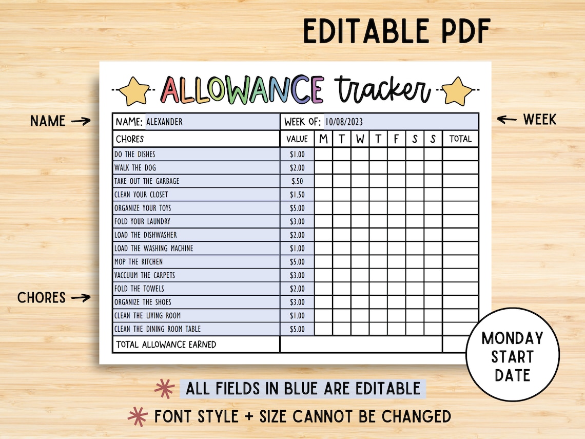 Allowance Tracker, Weekly Allowance Chore Chart, Editable Allowance ...