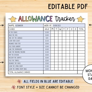 Allowance Tracker, Weekly Allowance Chore Chart, Editable Allowance ...