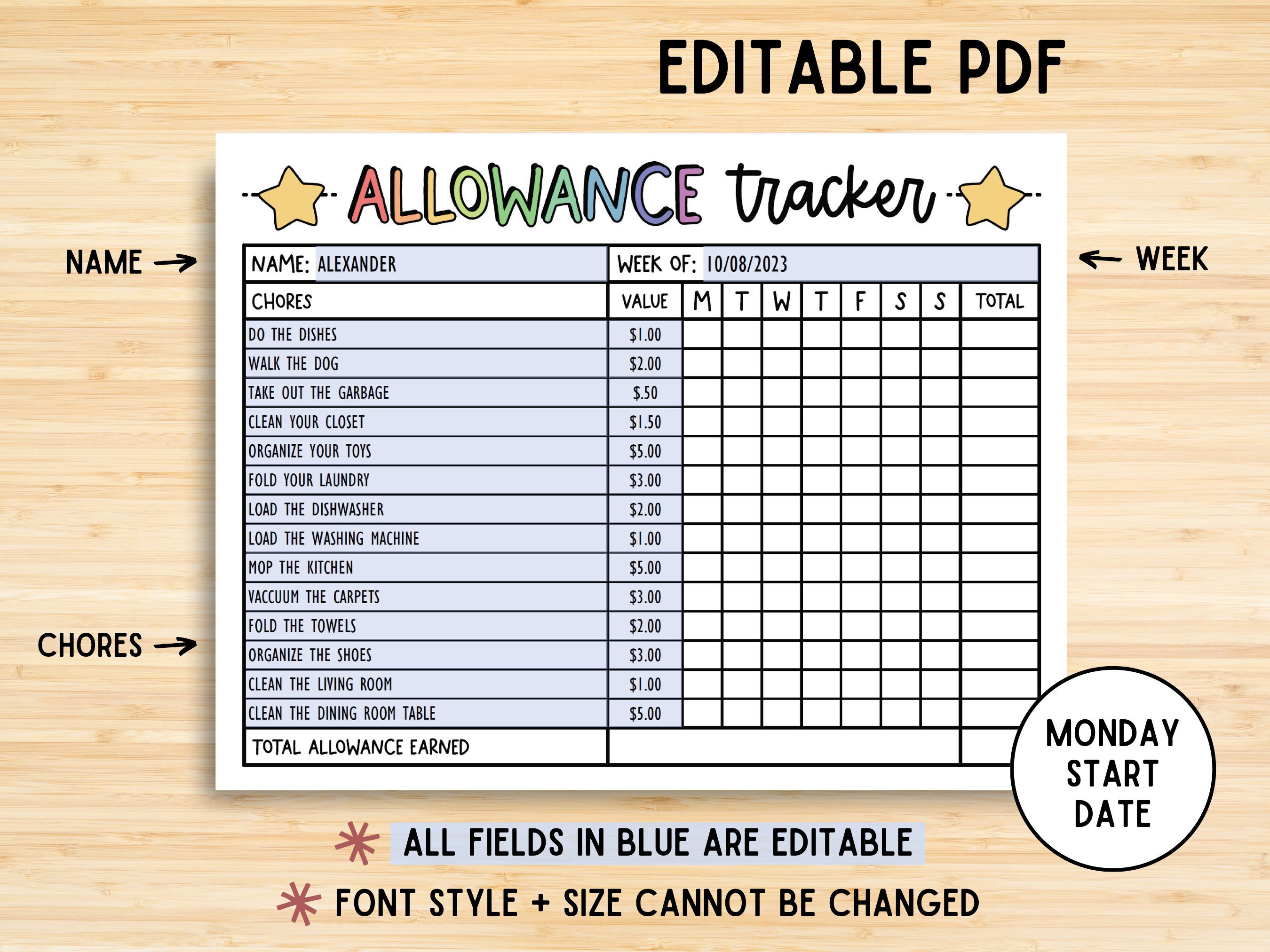 Allowance Tracker, Weekly Allowance Chore Chart, Editable Allowance ...