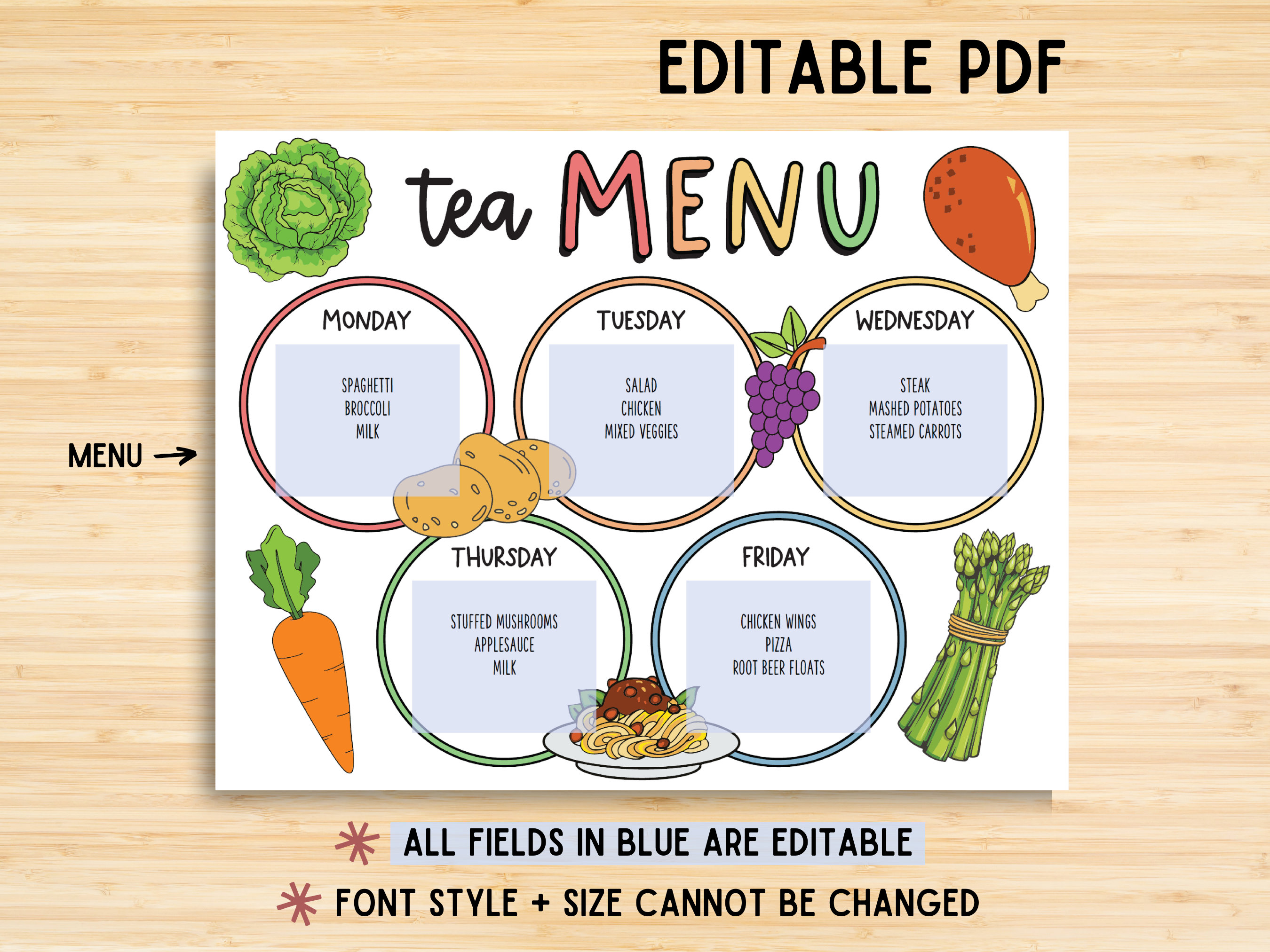 Editable Kids Breakfast Dinner Tea Planner Meal Weekly - Etsy