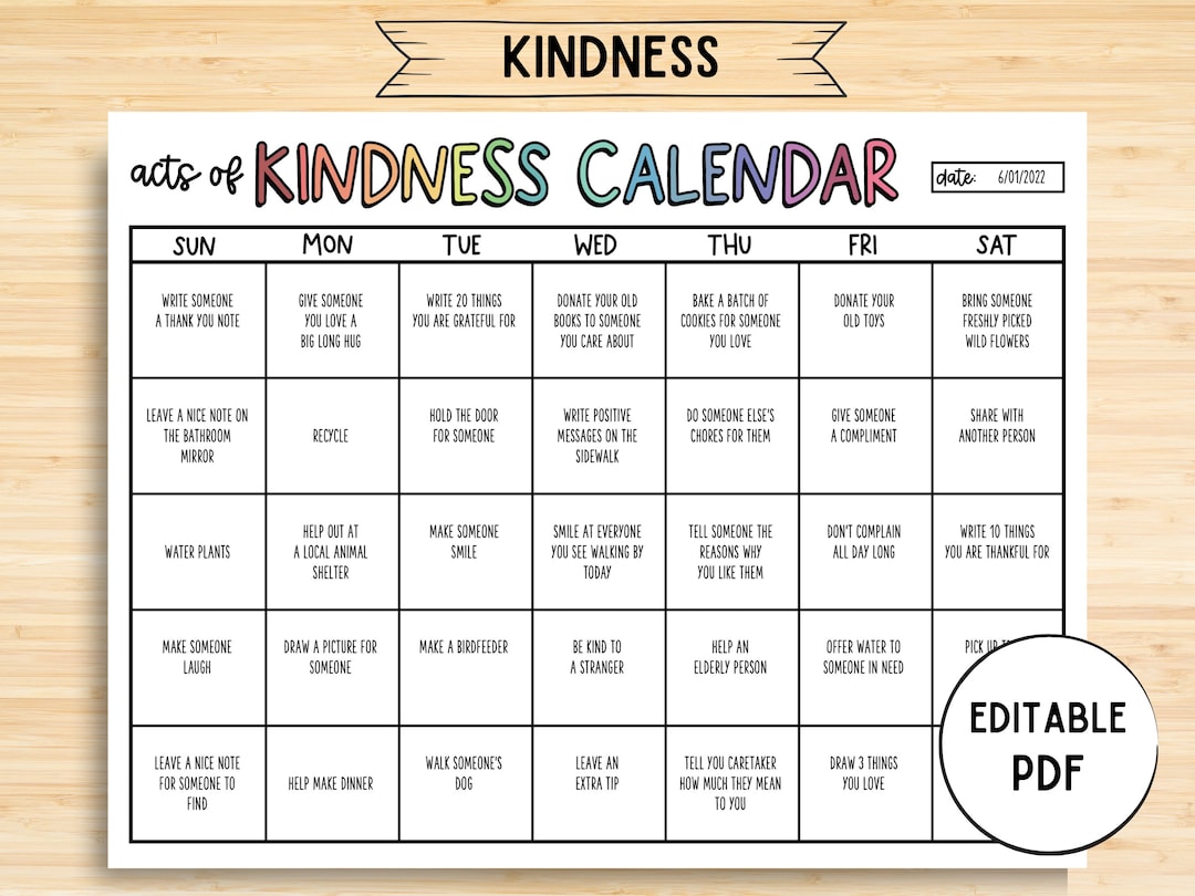 Kids's Acts of Kindness Calendar, Kindness Calendar, Random Acts of ...