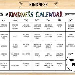Kids's Acts of Kindness Calendar, Kindness Calendar, Random Acts of ...