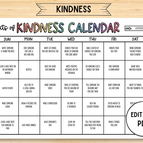 Kids's Acts of Kindness Calendar Kindness Calendar - Etsy