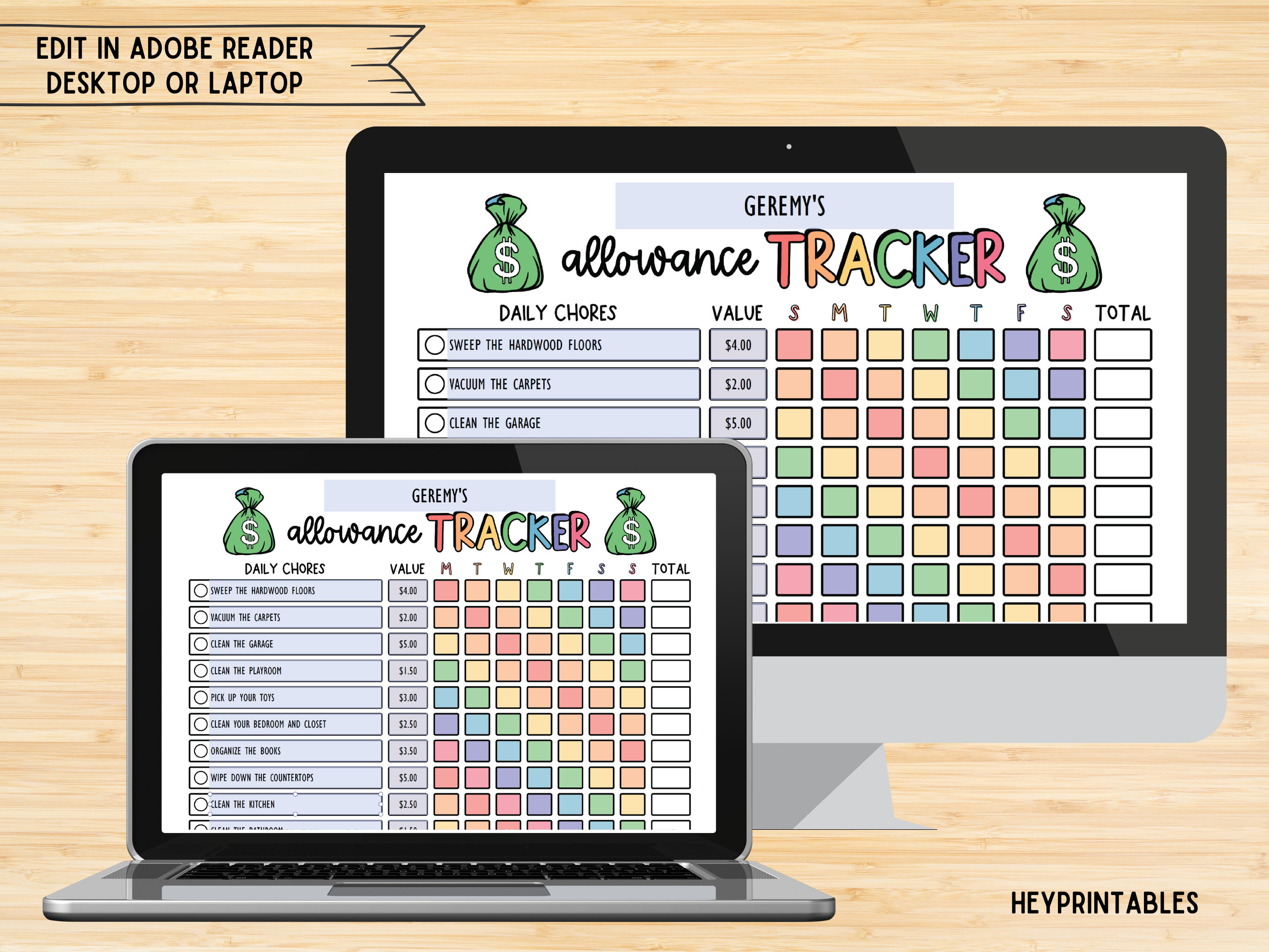 Editable Allowance Tracker Kids, Earn Money Chart, Daily Weekly ...