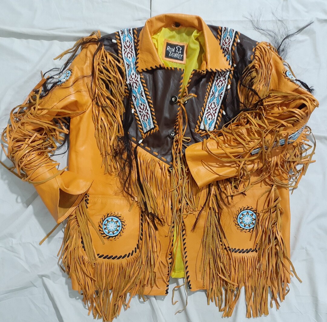 Mens Native American Western Fringes Brown Cow Boy Suede Leather Jacket ...
