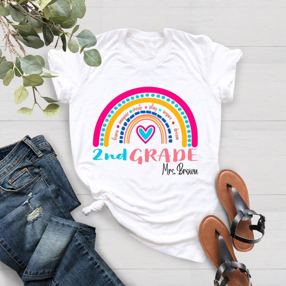 2nd Grade Rainbow Teacher Second Grade Crew Tee Personalized - Etsy