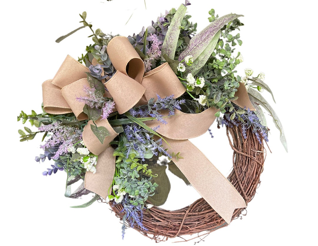Grapevine Wall Decor With Lavender Ribbon, Florals, and Greenery ...