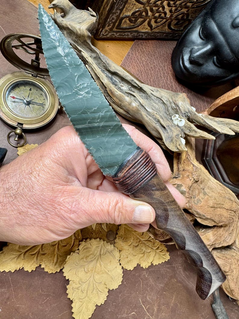 Obsidian Stone Knife: 10.25” East Indian Rosewood Handle With Burns ...