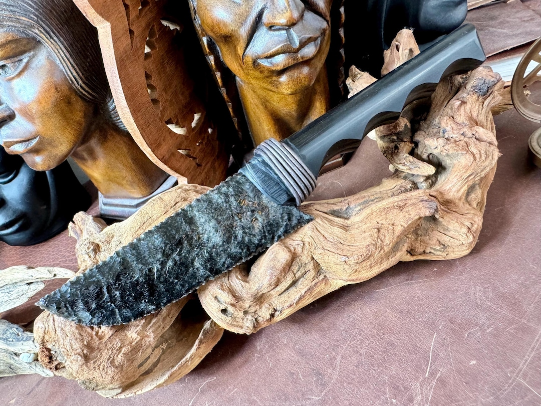 10 3/8 Rustic African Blackwood Knife With Silver Sheen Obsidian Blade ...