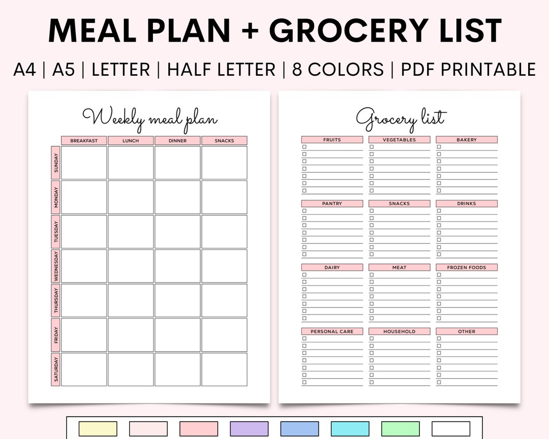 Meal Plan Chart Printable Grocery List Weekly Meal Plan - Etsy