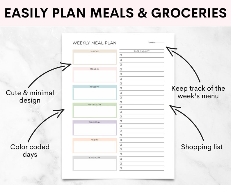 Meal Plan Chart Printable Grocery List Weekly Meal Plan - Etsy
