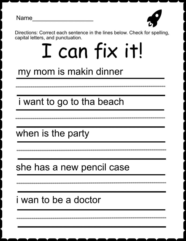 50 Printable-1st Through 3rd Grade-fix a Sentence Examples-spelling ...