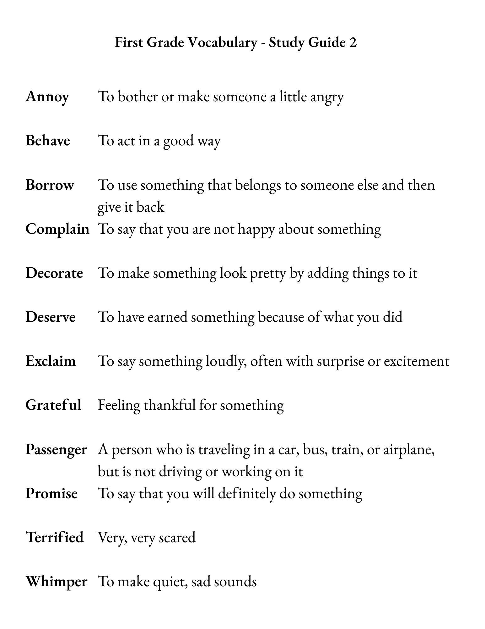 First Grade Vocabulary Worksheets With Definitions-sentence Writing ...