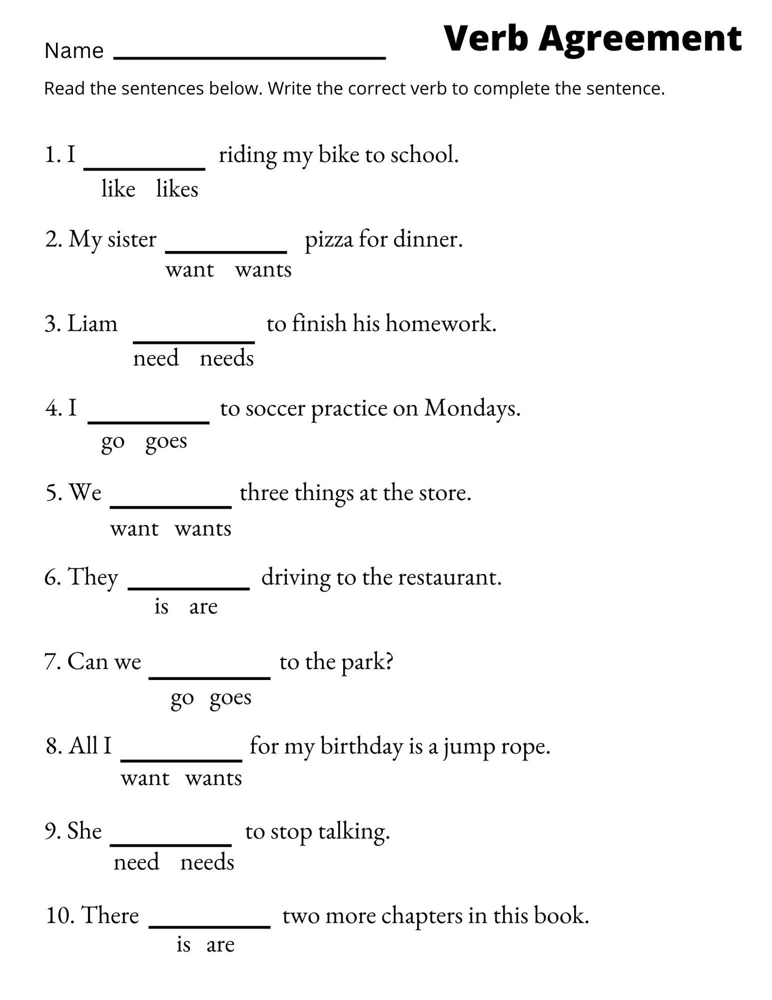 Verb Agreement Worksheets Printable 3rd and 4th Grade Sentence ...