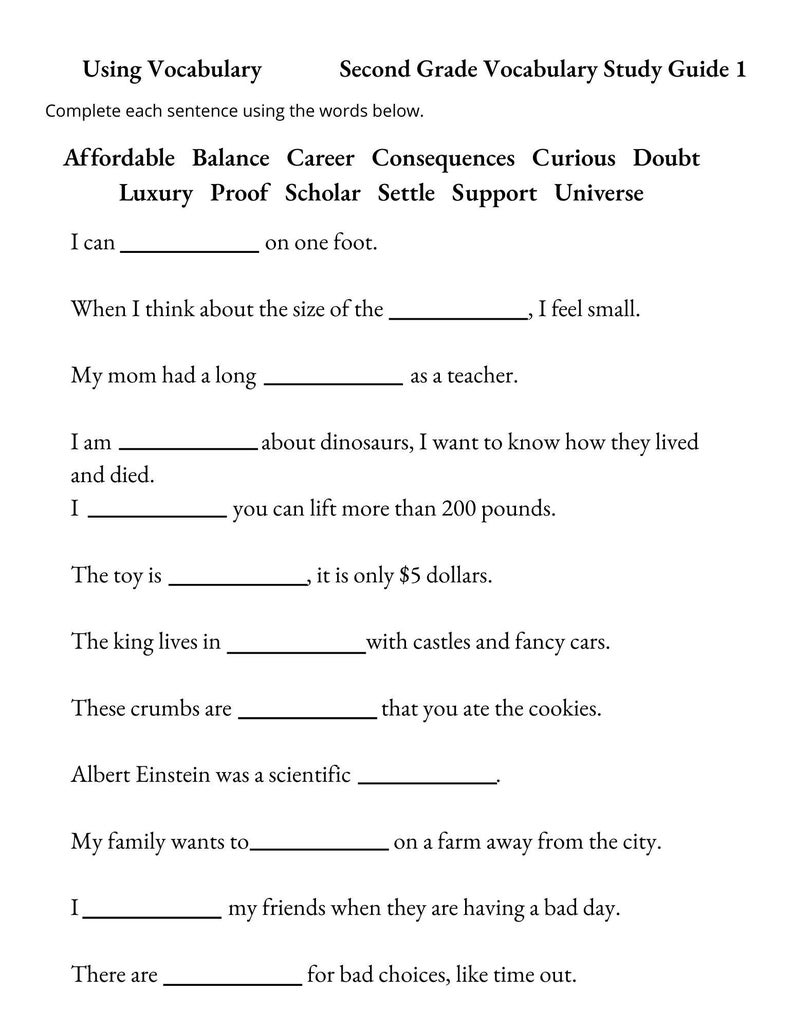 Second Grade Vocabulary Worksheets With Definitions-sentence Writing ...