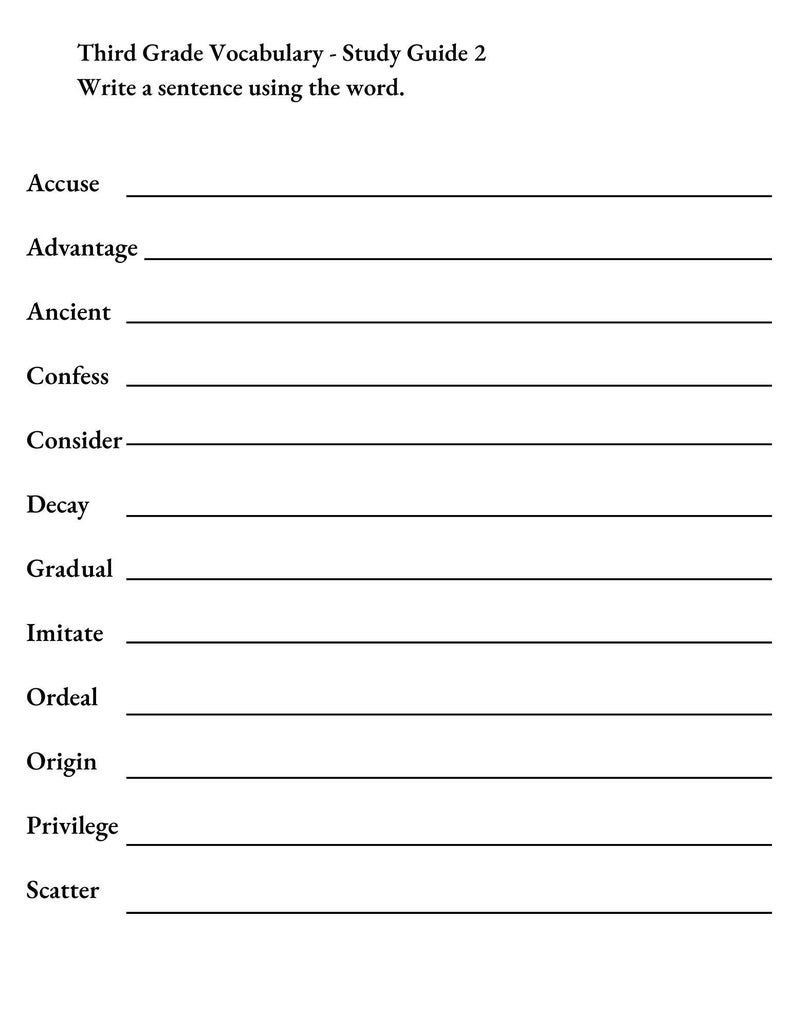 Third Grade Vocabulary Worksheets With Definitions-sentence Writing ...