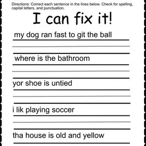 50 Printable-1st Through 3rd Grade-fix a Sentence Examples-spelling ...