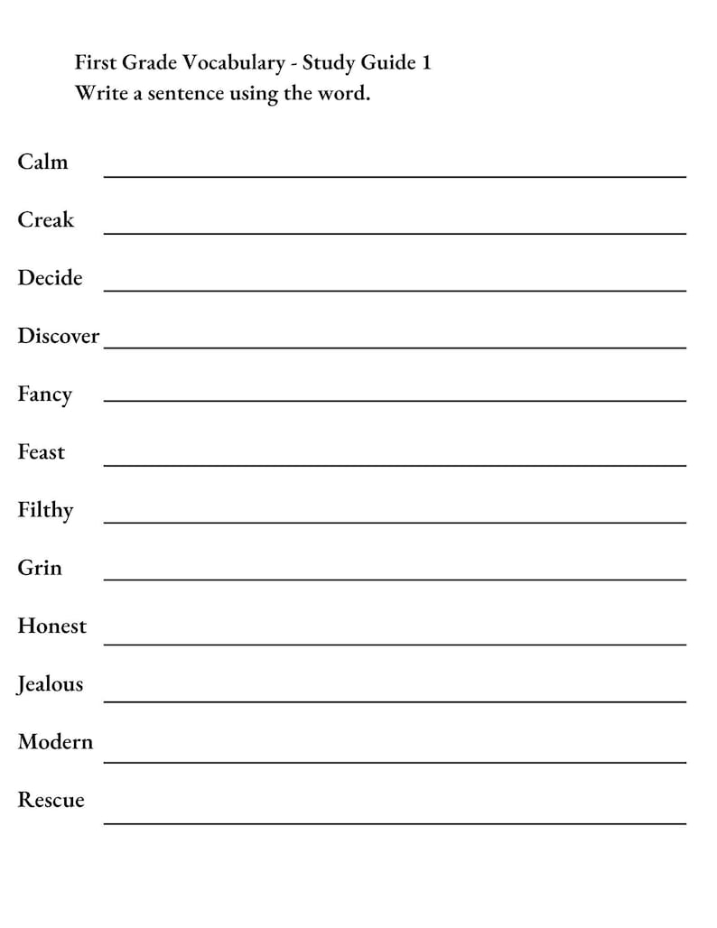 First Grade Vocabulary Worksheets With Definitions-sentence Writing ...