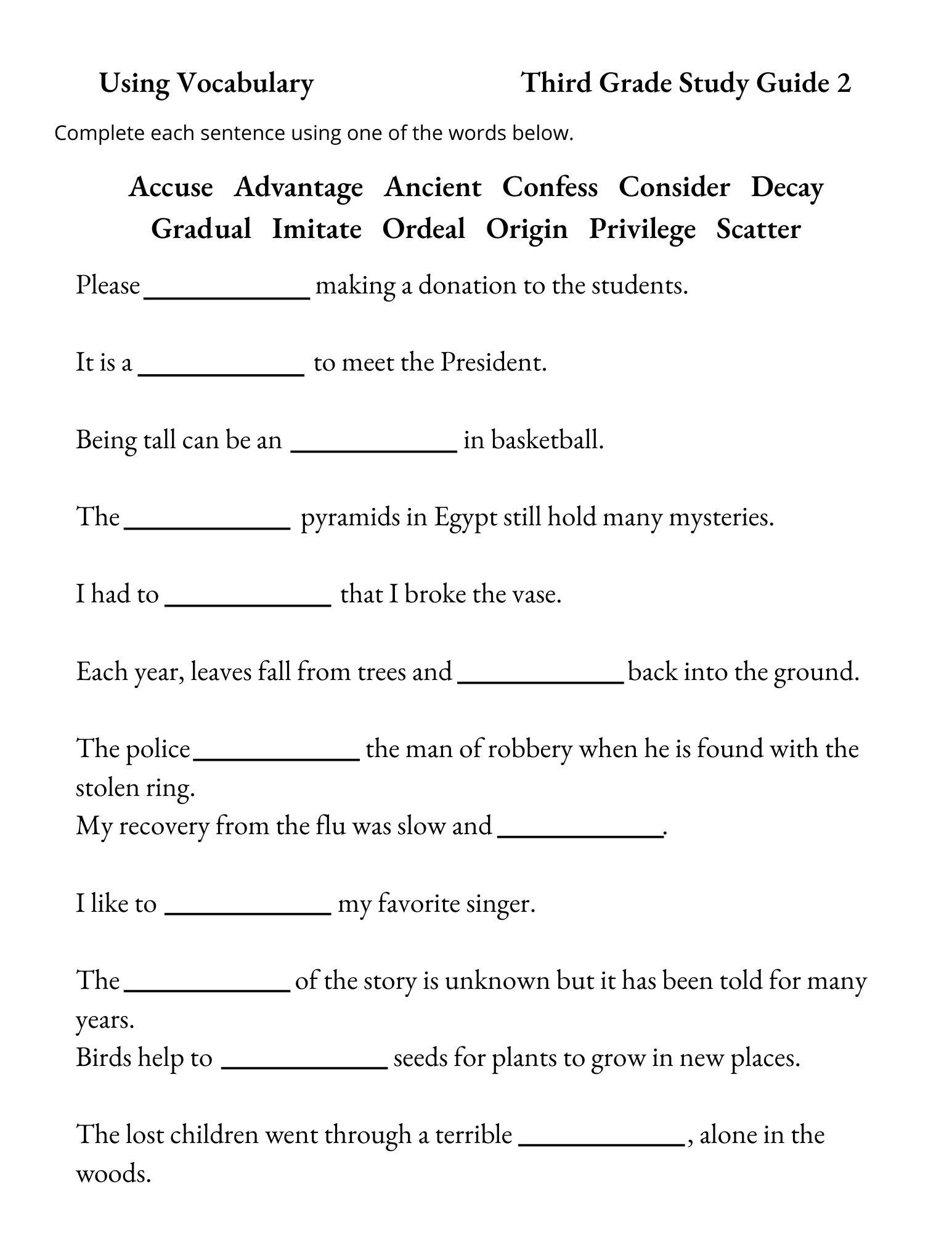 Third Grade Vocabulary Worksheets With Definitions-sentence Writing ...