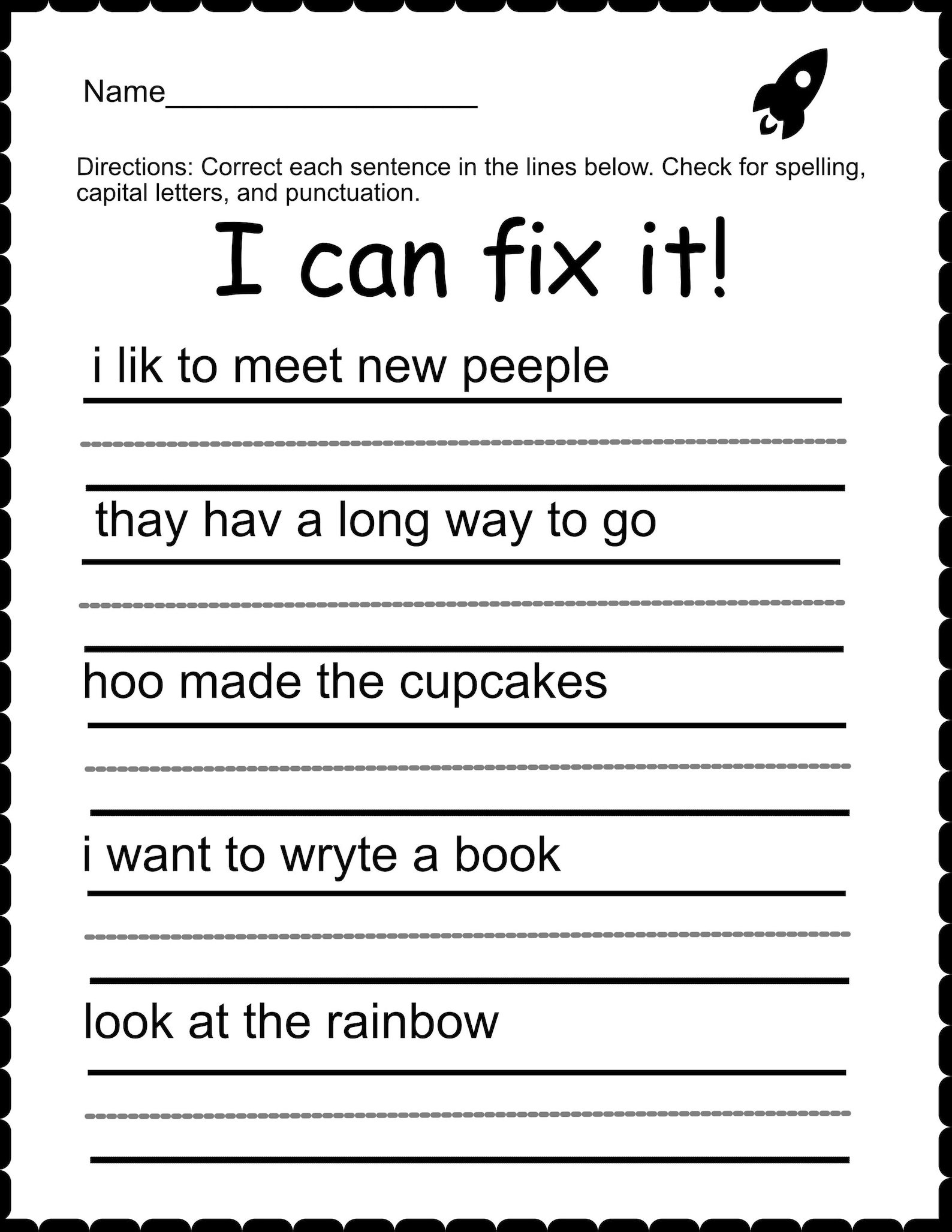 50 Printable-1st Through 3rd Grade-fix a Sentence Examples-spelling ...