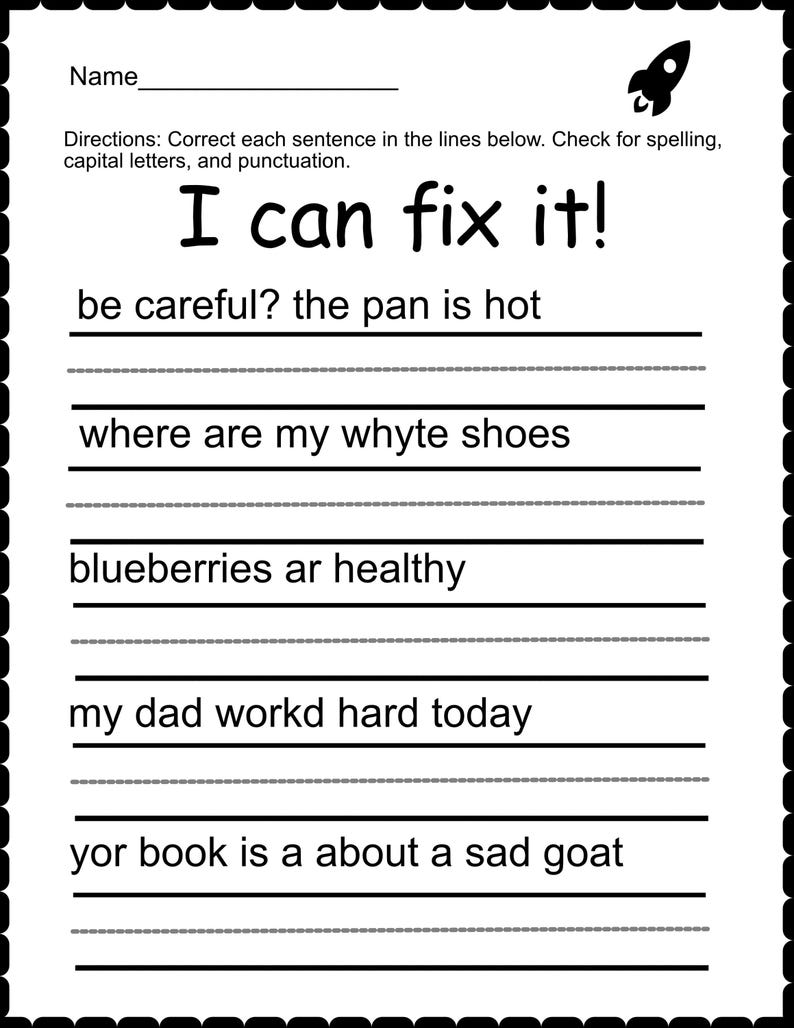 50 Printable-1st Through 3rd Grade-fix a Sentence Examples-spelling ...