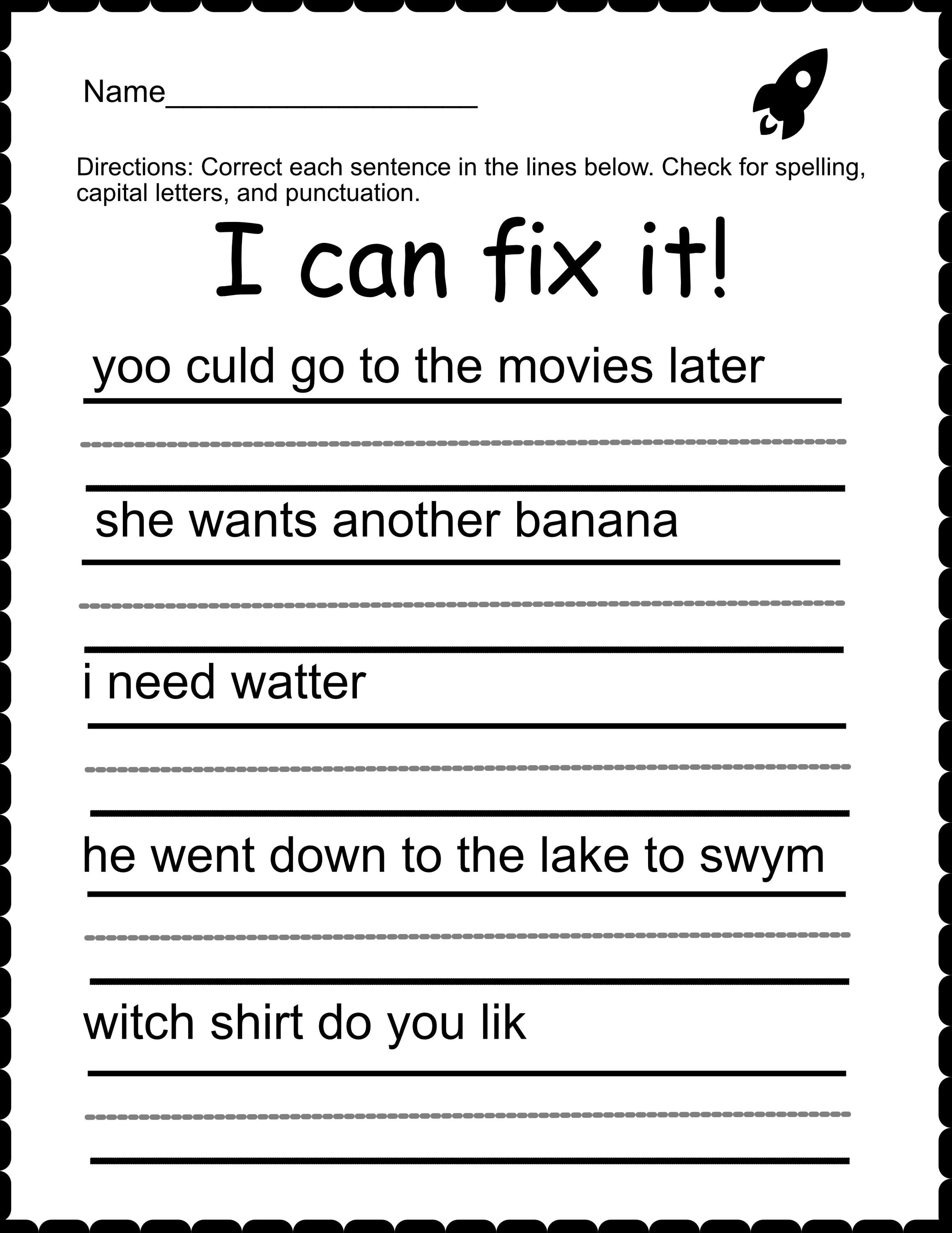 50 Printable-1st Through 3rd Grade-fix a Sentence Examples-spelling ...