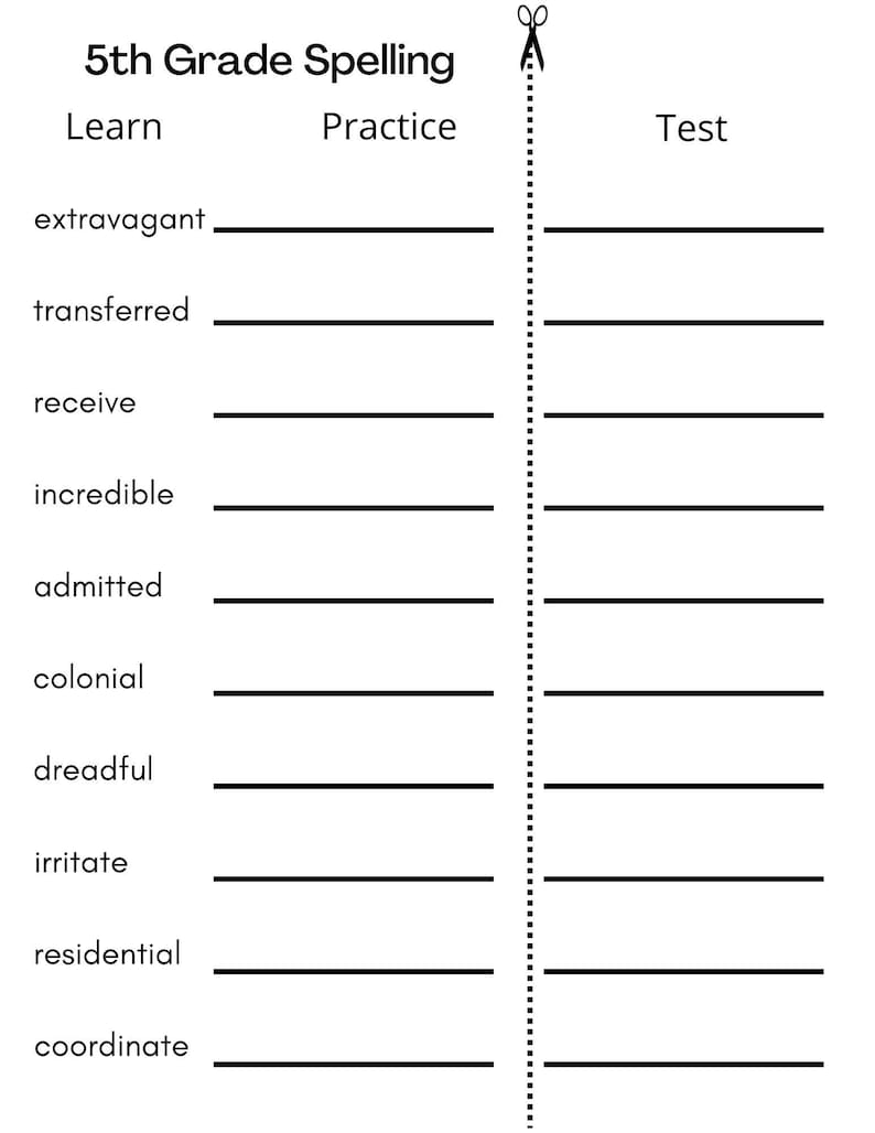 10 Printable Fifth Grade Spelling - Writing - Spelling Test - Etsy