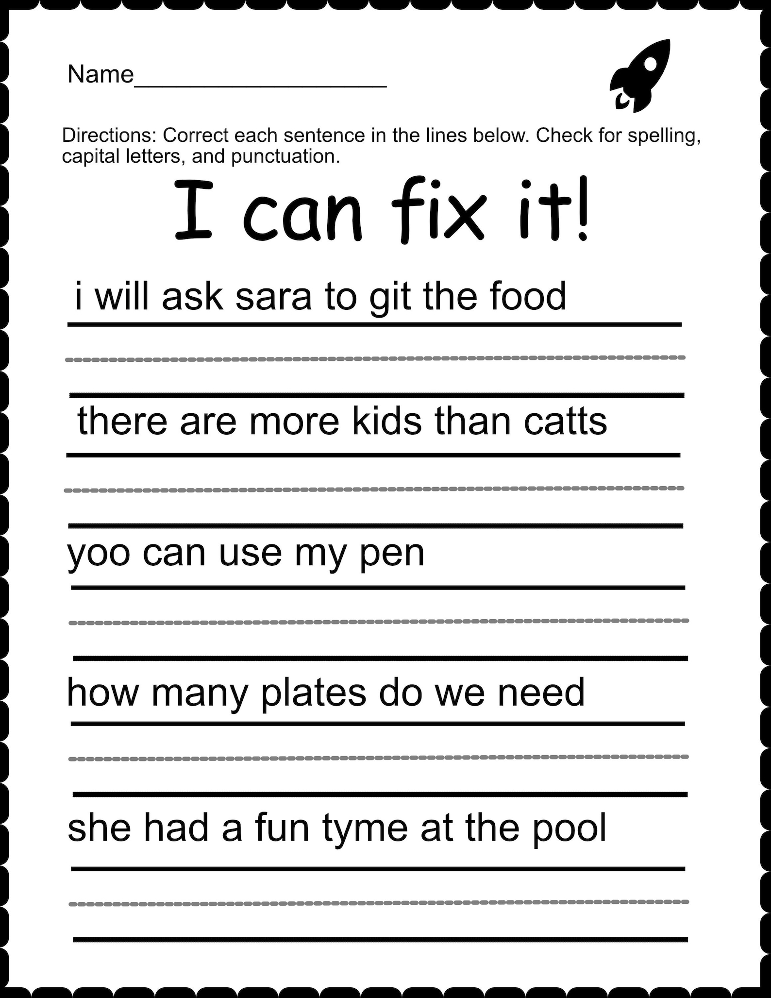 50 Printable-1st Through 3rd Grade-fix a Sentence Examples-spelling ...