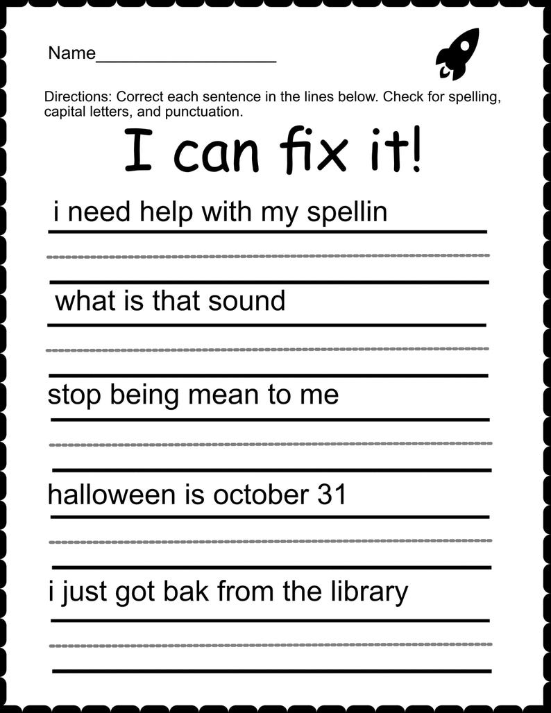 50 Printable-1st Through 3rd Grade-fix a Sentence Examples-spelling ...